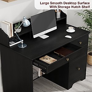 TTVIEW Computer Desk with Drawers and Hutch Shelf, Wood Executive Desk Writing Study Table with 43” Wide Tabletop, Small Desk with File Drawer for Home Office Bedroom, Black