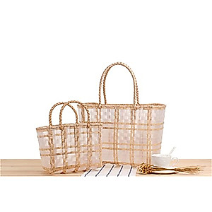 Women Straw Tote Bag Handmade Rattan Transparent Handbag Beach Handwoven Shoulder Bag Large Capacity Shopping Bag (Pink,L)