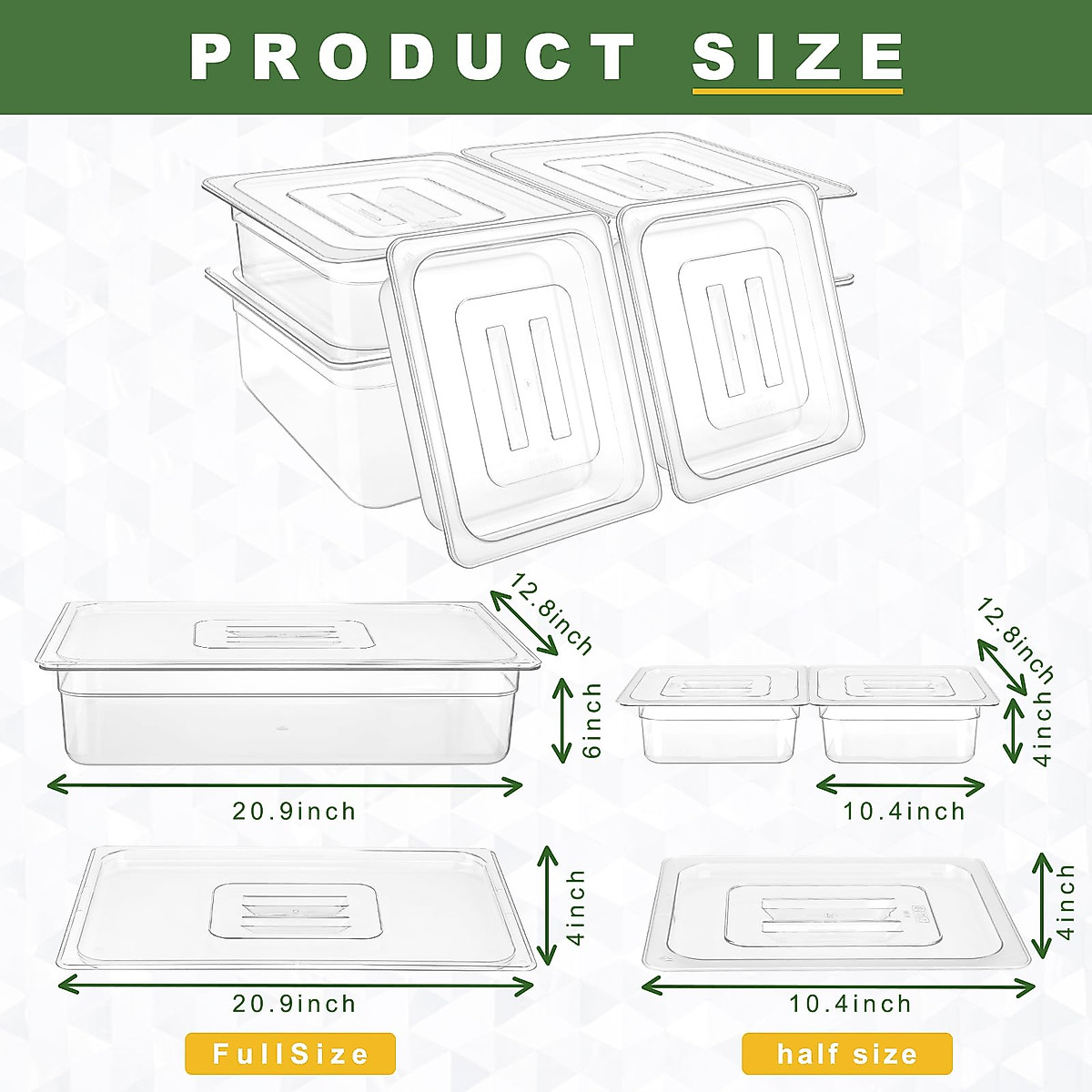 Mifoci 6 Pcs Commercial Plastic Food Pans with Lids Clear Food Pans Included 2 Pcs Full Size 6 Inch Deep Hotel Pan 4 Pcs 1/2 Size 4 Inch Freezer Food Storage for Storage Kitchen Restaurant