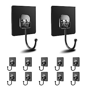 KarDoL 12PCS Adhesive Hooks for Hanging Heavy Duty, Wall Hooks Sticky Hooks Waterproof and Oilproof for Bathroom Shower Kitchen Door All-Black Hooks Nail Free Sticky Hangers Robe Towel Hooks