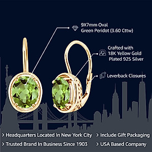 Gem Stone King 18K Yellow Gold Plated Silver Green Peridot Dangle Earrings For Women (3.60 Cttw, Gemstone Birthstone, Oval 9X7MM)
