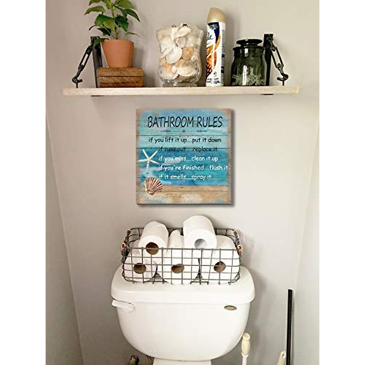 Seashells Bathroom Rules Wall Sign for Bathroom Decor, Funny Bathroom Wall Decor Wall Art For Beach House, Cute Beach Sign Plaque- 12 x 12 Inchs