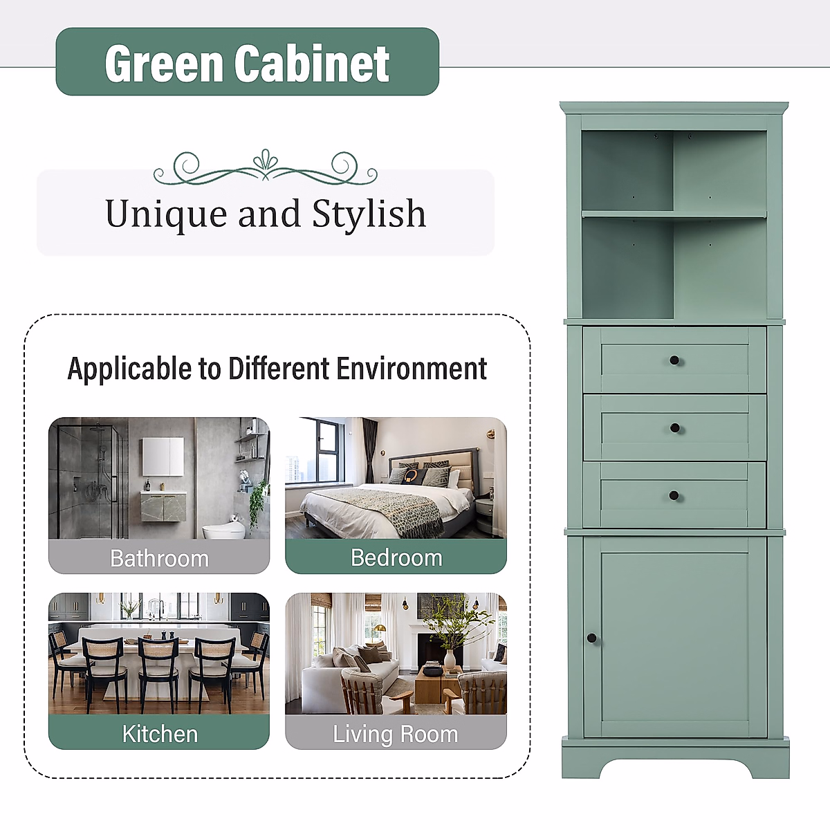 Fuhomtre Triangle Tall Corner Cabinet Drawers and Adjustable Shelves Tall Hutch Corner Bar Cabinet with Door for Kitchen Green