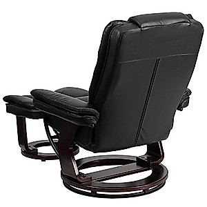 Flash Furniture Contemporary Multi-Position Recliner with Horizontal Stitching and Ottoman with Swivel Mahogany Wood Base in Black LeatherSoft
