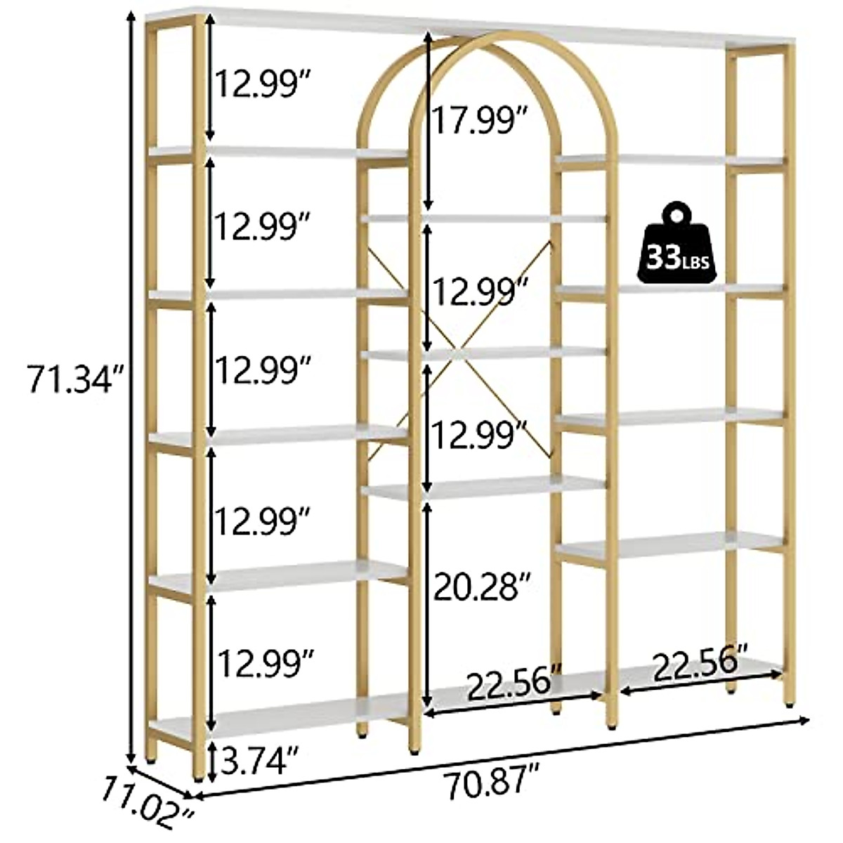 Gyfimoie Triple Wide Gold Bookshelf, 70.87" W x 71.34" H Large Modern Etagere Bookcase, Tall Display Shelf with 13-Tier Open Shelves, Freestanding Staggered Storage Shelf for Home Office (White/Gold)