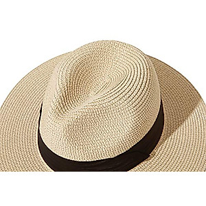 Lanzom Women Wide Brim Straw Panama Roll up Hat Fedora Beach Sun Hat UPF50+ (Khaki) One Size