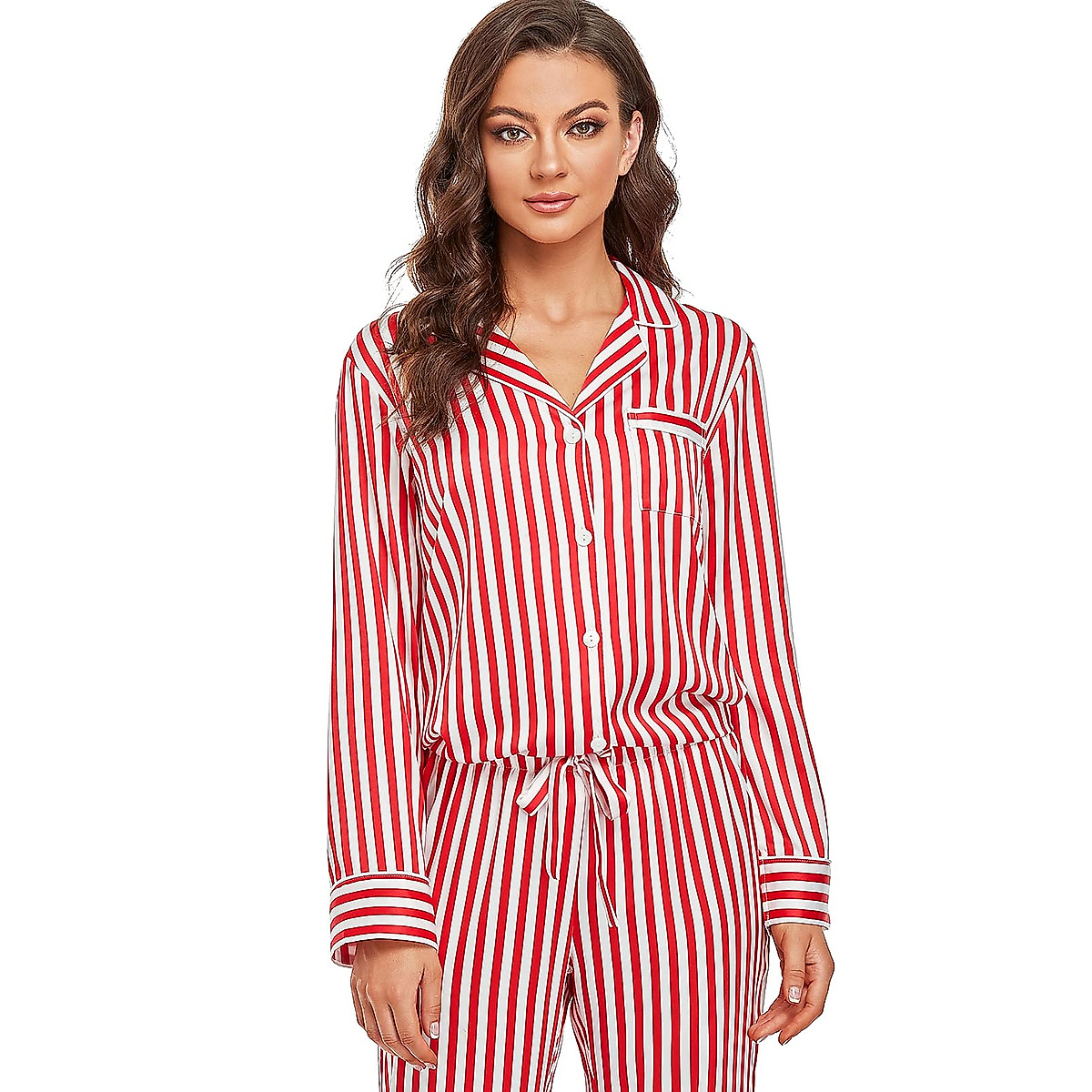 Serenedelicacy Women's Satin Pajama Set Long Sleeve Button Down Sleepwear 2-Piece Striped Silky Pj Set (Medium, Red, Striped)