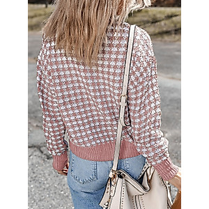 Dokotoo Womens Cardigan Sweaters Fashion V Neck Color Block Plaid Cable Knit Long Sleeve Button Down Comfy Cute Daily 2024 Autumn Winter Ribbed Sweater Outerwear Tops Pink Small