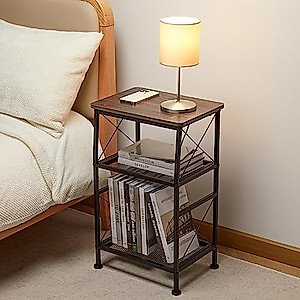 ruboka 3-Tier Small End Tables,Narrow Side Table with Steel Grid Storage Shelves,Slim Nightstand X-Design Sofa Side Table Small Bookshelf Bookcase,Display Rack for Living Room,Bedroom (Grey)