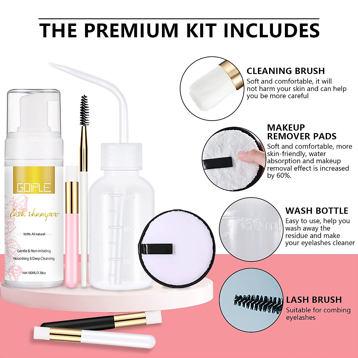 100ml Lash Shampoo Kit for Lash Extensions Eyelash Extension Cleanser Lash Mousse, USB Mini Portable Fan Nano Mister Rechargeable Electric Handheld Lash Shampoo Brush Plastic Wash Bottle Aftercare Bag