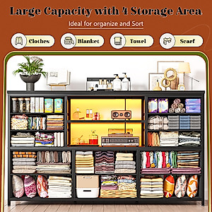 EnHomee Black Dresser with LED Lights & Power Outlets, 12 Drawers Dresser TV Stand for 60''TV for Bedroom Dresser Fabric Dressers & Chest of Drawers, Sturdy Long Dresser for Closet Living Room,Hallway