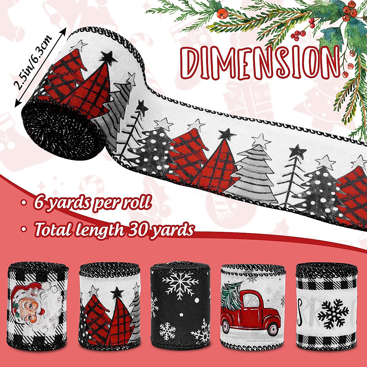 AnyDesign 30 Yards Christmas Wired Edge Ribbon 2.5 Inch Black White Buffalo Plaids Fabric Ribbon Xmas Tree Santa Snowflake Craft Ribbon for Holiday Wrapping DIY Making Bow Wreath