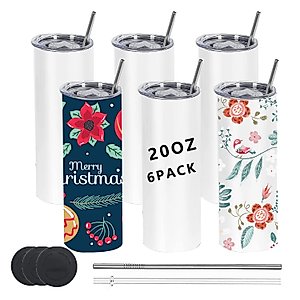 Mazoho 6 Pack Sublimation BlanksTumblers Bulk 20 oz Skinny Straight Tumbler for Heat Transfer, Vacuum Insulation Double Wall Stainless Steel Tumbler with Lid and Straw,Individually Boxed