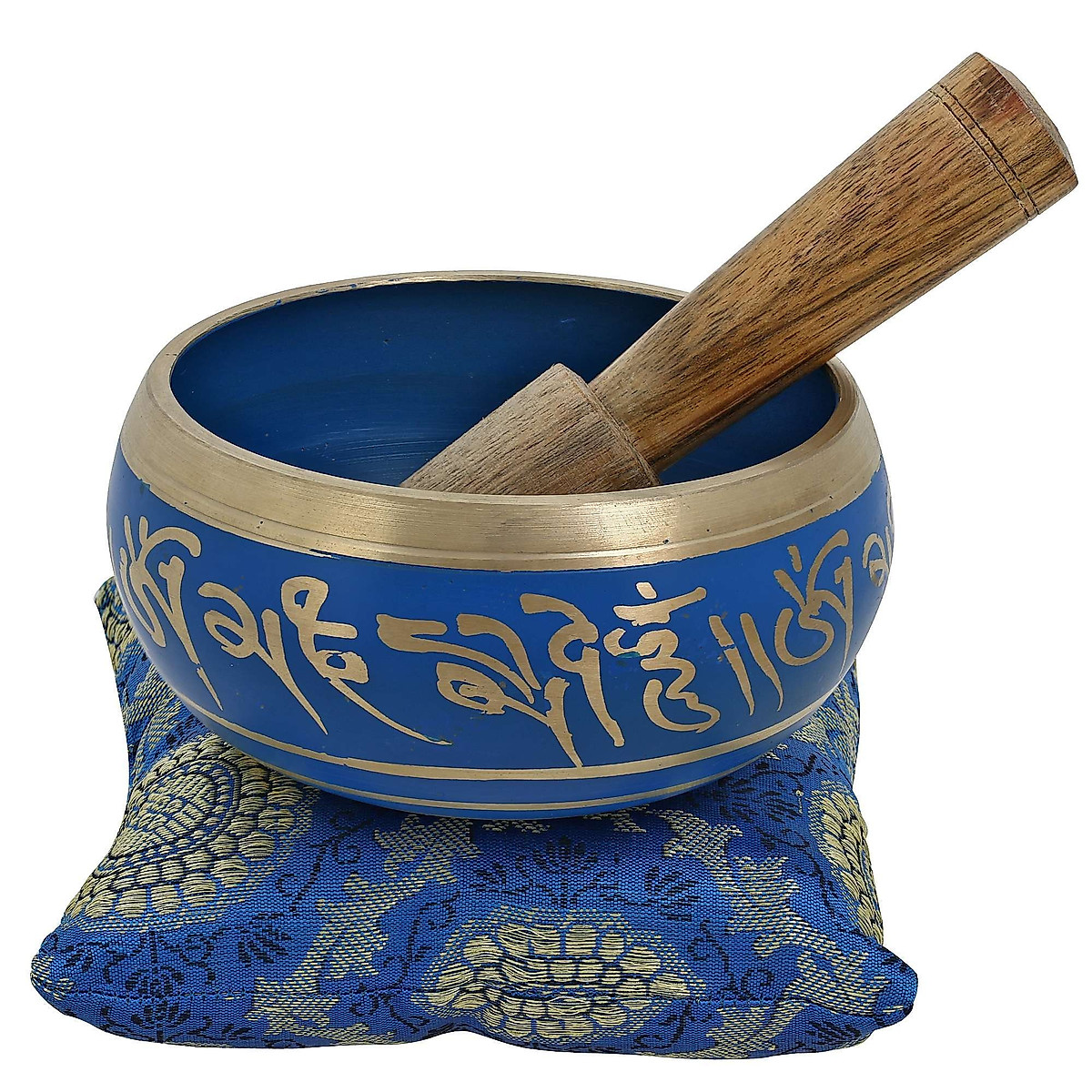 Ajuny Tibetan Singing Bowl Set - Handcrafted Meditation Brass Sound Bowl with Stick and Cushion for Yoga, Chakra Healing, Mindfulness and Stress Relief Spiritual Gifts - Blue