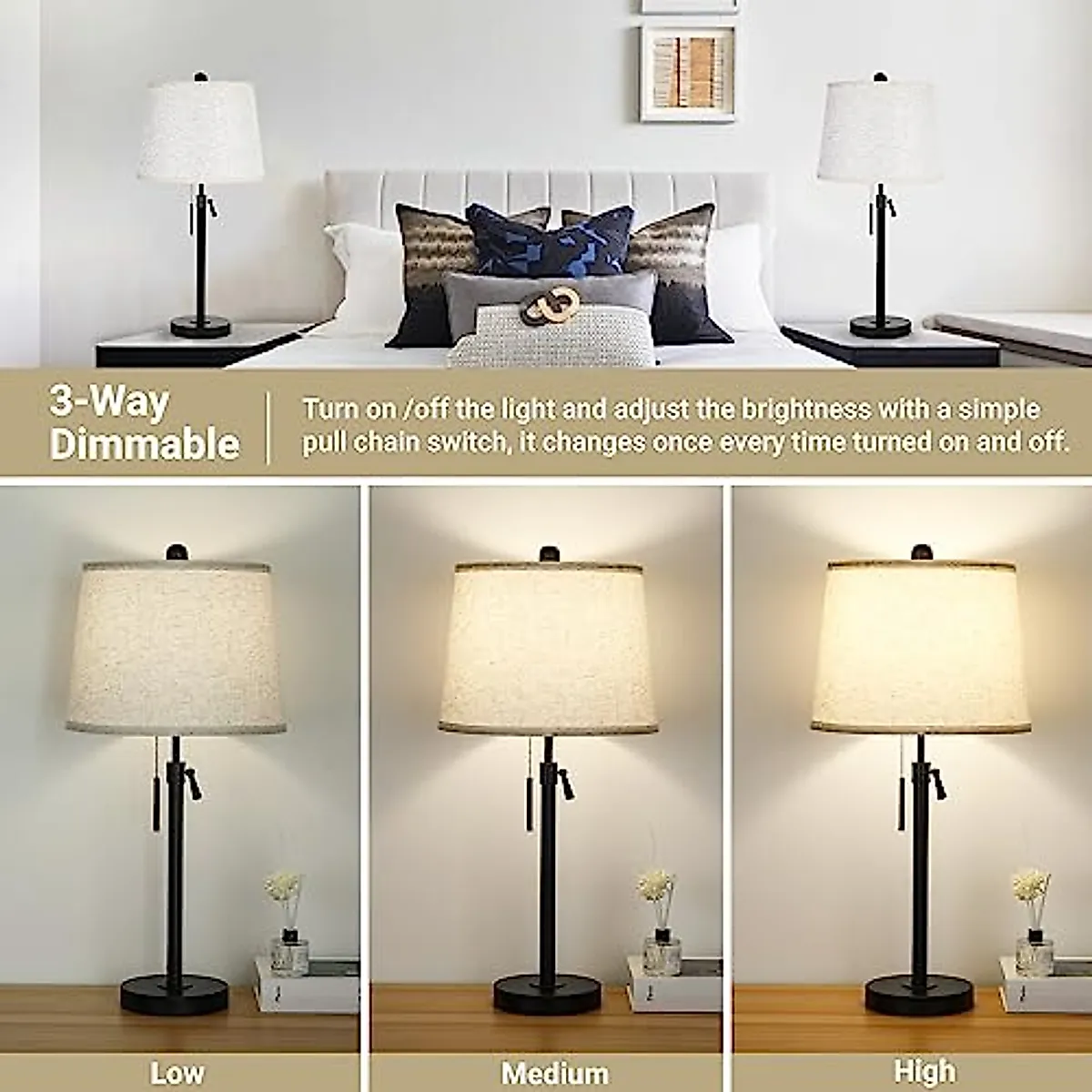 Table Lamps for Living Room Set of 2, Modern Bedside Lamps for Bedroom Height Adjustable Desk Lamp Dimmable Black Nightstand Lamps with Beige Lampshade, Pull Chain Table Lamp for Office Restaurant