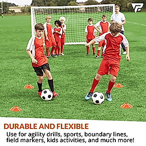 Pro Disc Cones (Set of 50) - Agility Soccer Cones with Carry Bag and Holder for Sports Training, Football, Basketball, Coaching, Practice Equipment, Kids - Includes 15 Best Drills Book (Bright Orange)