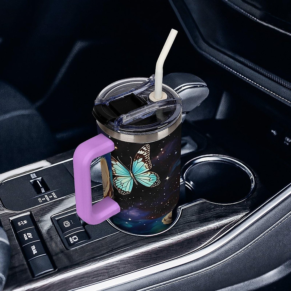 Cute Cat Playing with Butterfly 40 Oz Stainless Steel Cup Travel Tumbler with Handle and Straw Lightweight Coffee Mug for Home Office