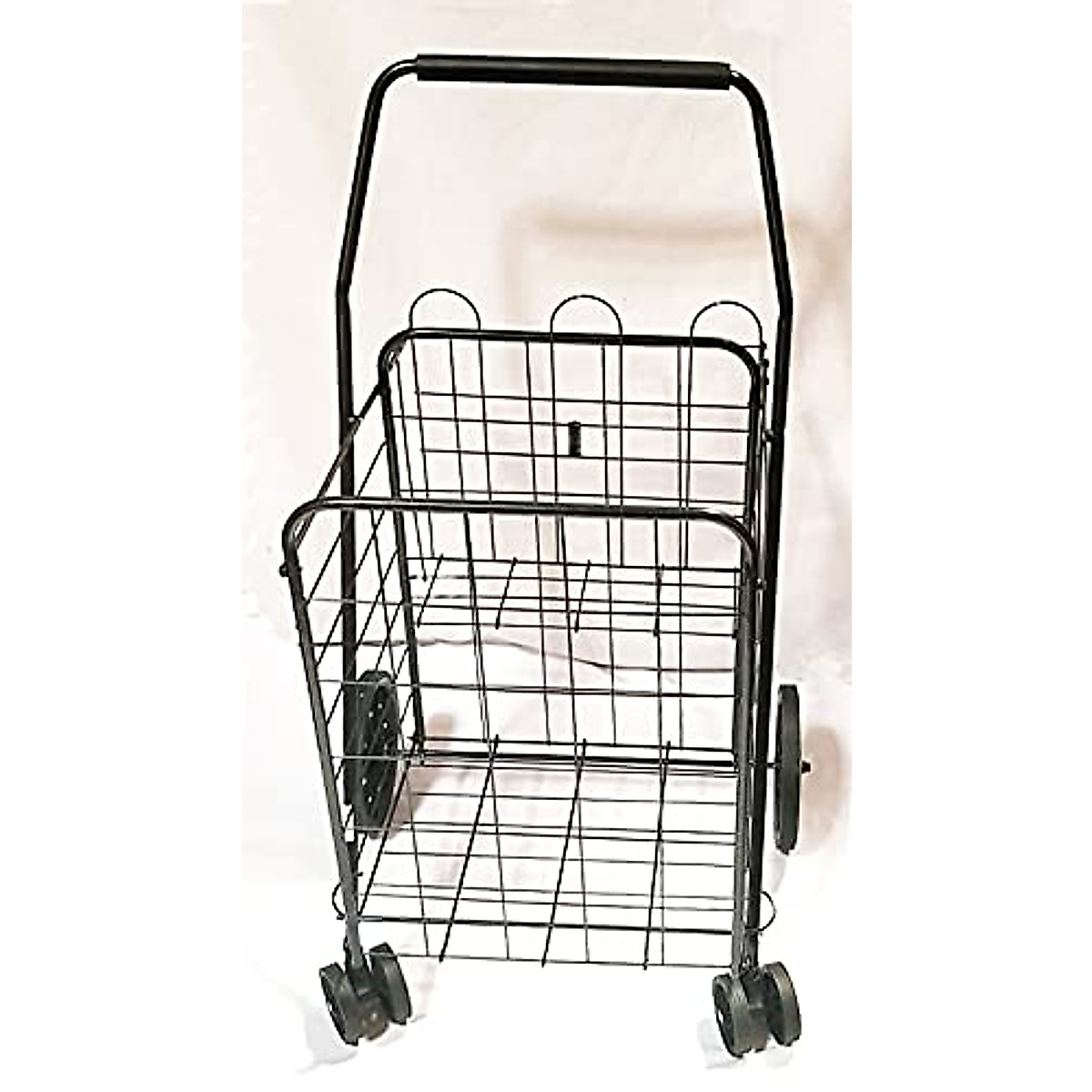 PrimeTrendz Jumbo Shopping/Laundry Folding Cart | Double Basket | Front Moving Swivel Wheels | Thicker Soft Sponge Handle | Color: Black