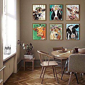 XLA Country Farmhouse Cow Wall Art Prints,Funny Cow with Flower Poster,Farmhouse Wall Decor Cow Pictures Farm Print Ranch Decor Set of 6-(8''x10'' Unframed)