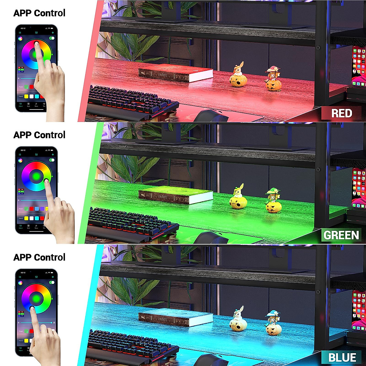 armocity 2024 Upgrade Gaming Desk with LED Lights, Small Computer Desk with Long Monitor Stand, 47.2'' Reversible Laptop Table with Storage Shelves, Small Desk for Small Spaces, Gaming Room, Grey