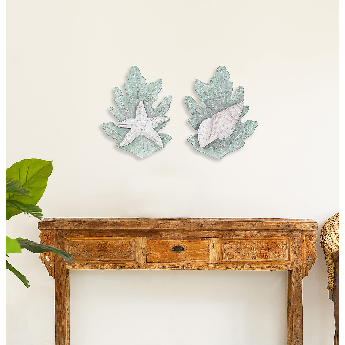 T.I. Design Hand-Carved Wood Starfish and Turban Shell on Reef | Coastal Seashells Beach Wall Decor Set of 2