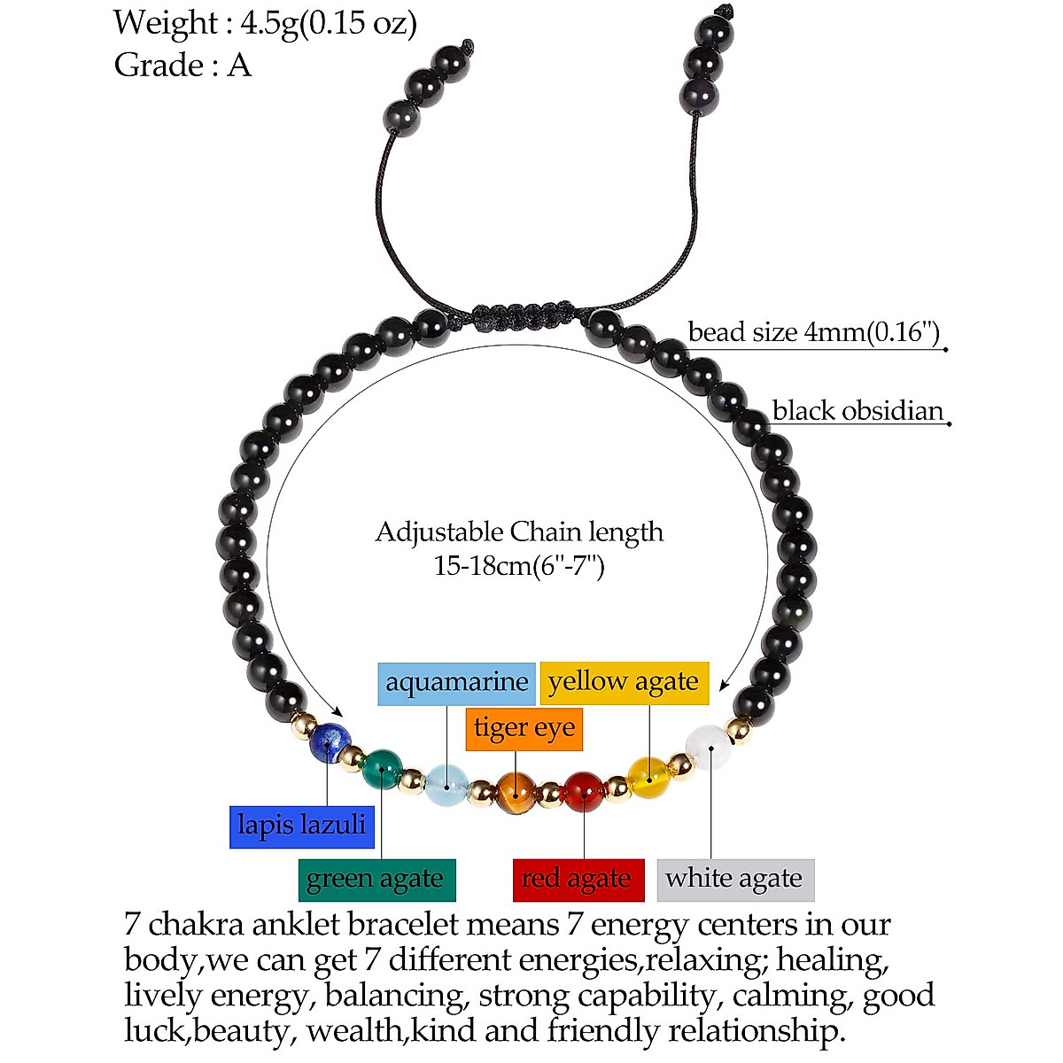 Jewever 7 Chakra Bracelets for Women Real Stone Lucky Rope Crystal Bead Bracelet Crystals and Healing Stones Jewelry Birthday Gifts (Black Obsidian)