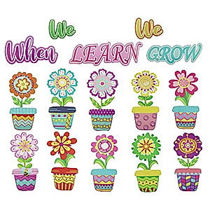 45Pcs Colorful Spring Cut-Outs Summer Flowers Potted Cut Outs with 100Pcs Glue Points When We Learn We Grow Paper Cut-Outs Bulletin Board Decoration for School Classroom Game Party Supplies