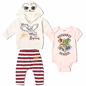 Harry Potter Hedwig Owl Hogwarts Baby Girls 3 Piece Outfit Set: Hoodie Pants Bodysuit White 3-6 Months