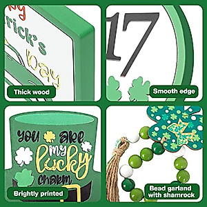 HARZBEKE St Patricks Day Decorations, 5Pcs St Patricks Day Tiered Tray Decor Set, lrish Shamrock Wooden Signs Plush Gnome, Farmhouse Bead Garland Tiered Tray Decor, St Patricks Day Decor for Home