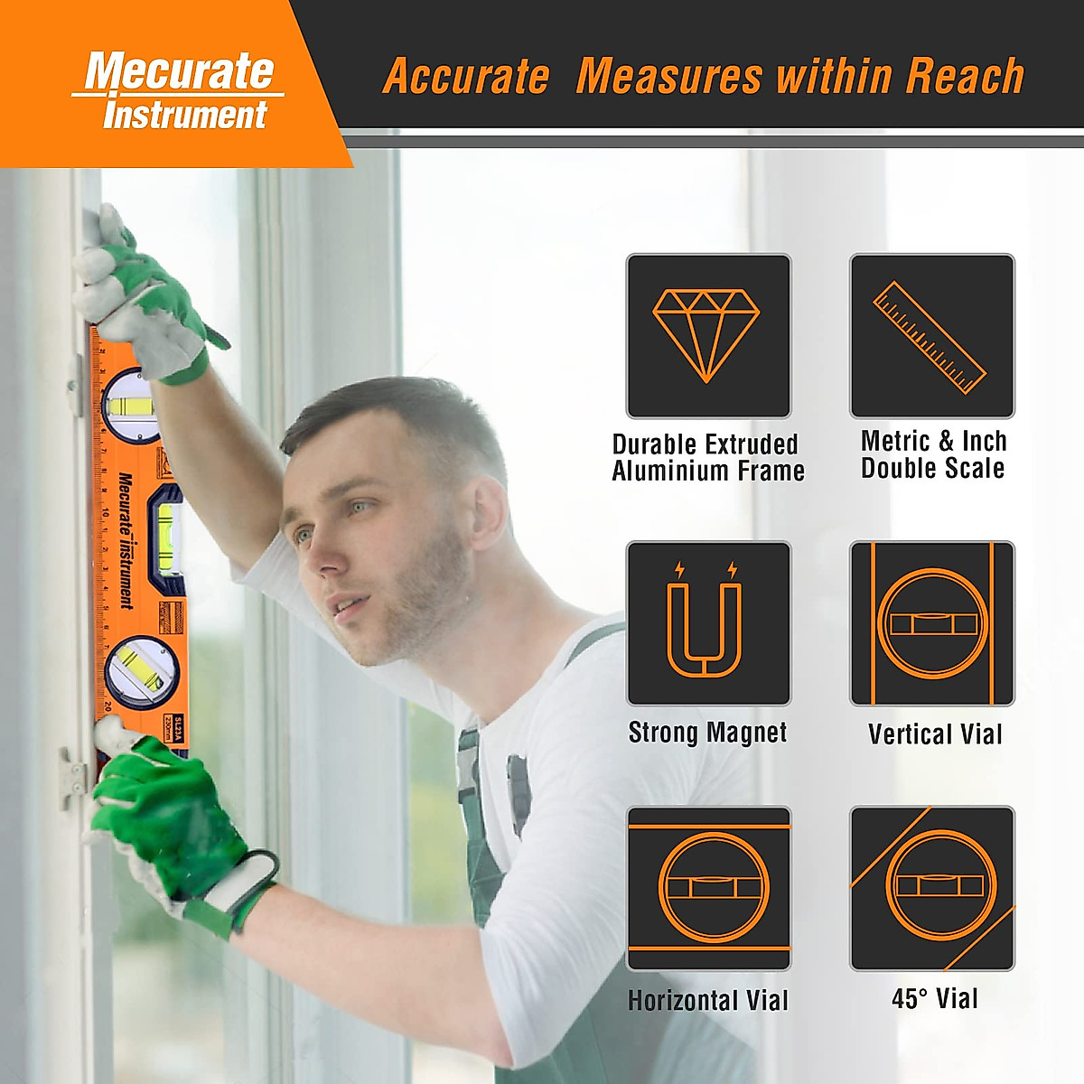 Mecurate Instrument Level Tool, 9 inch, 230mm, Metric&Inch Double Scale Magnetic Torpedo Level and Ruler