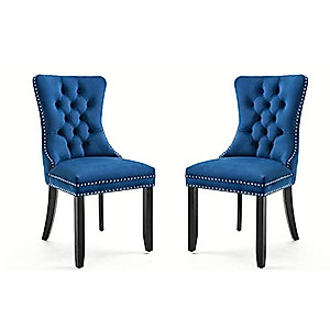 Set of 2 Dining Chairs Modern for Dining Room Kitchen Accent Side Chair Velvet Button Tufted Padded Cushion Seat and Back (Sapphire Blue)