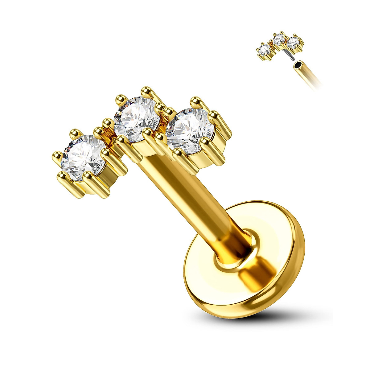 COCHARM 14K Solid Gold Triple CZ Flower Helix Earrings Stud 16 Gauge Yellow Gold Flat Back Tragus Earrings 6mm 1/4" 14K Gold Push In Helix Tragus Piercing Jewelry