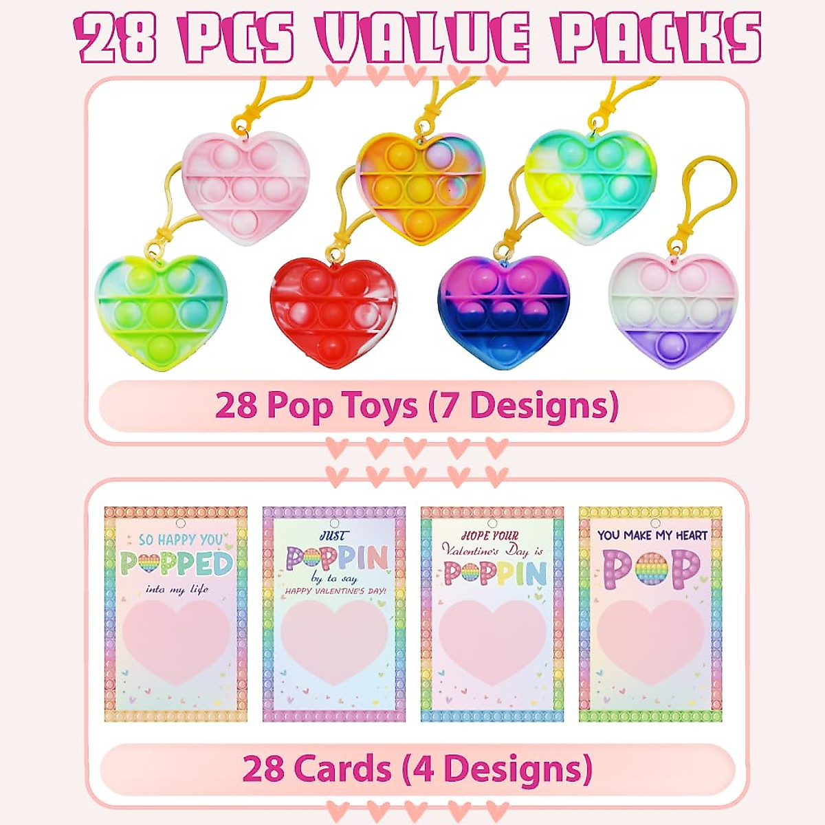 WODMAZ Valentines Day Gifts for Kids, 28 Pack Valentines Day Cards with Heart Pop Fidget Toys for Valentine Party Favors, Valentine Classroom Exchange Prize Supplies, Valentine's Greeting Cards