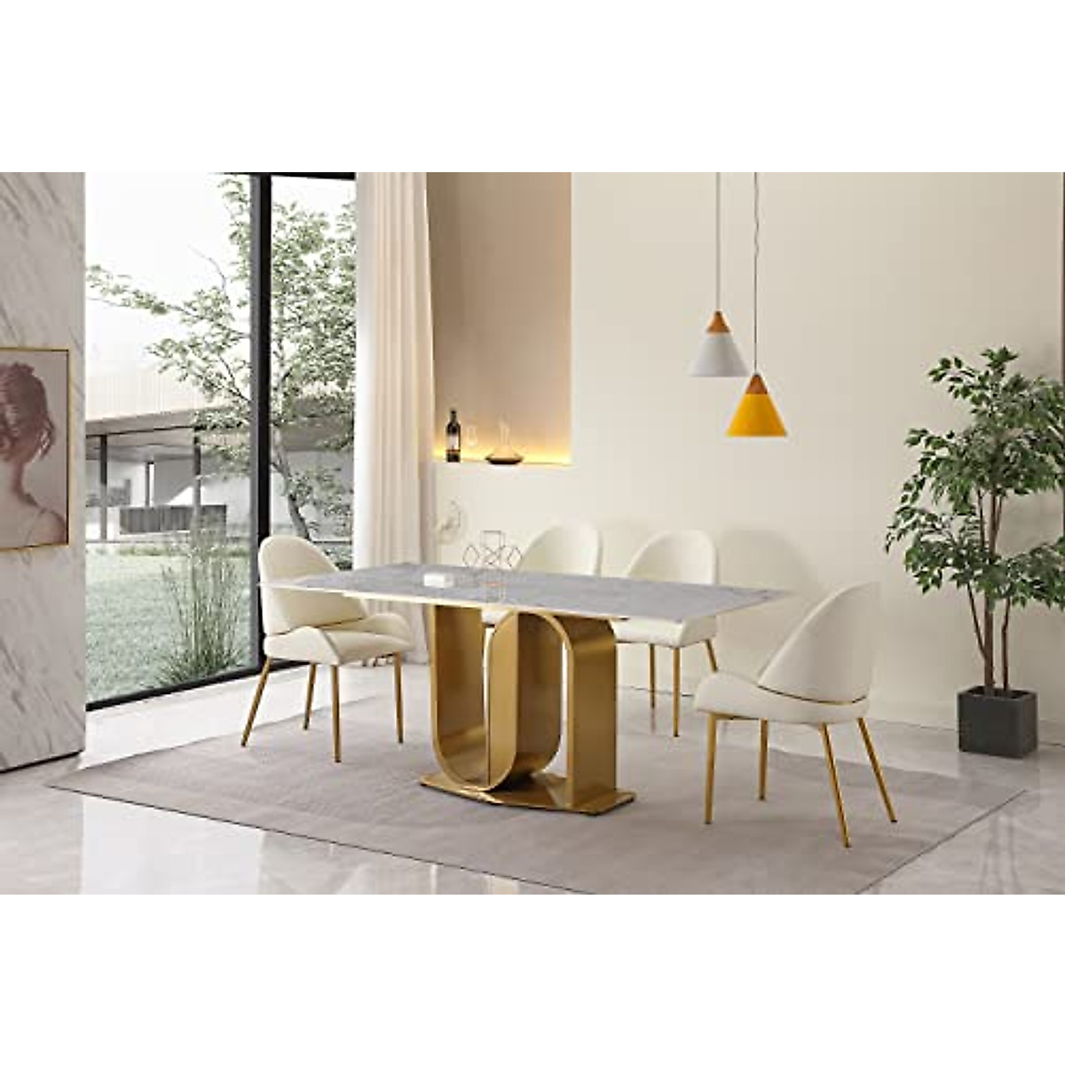 HomSof Contemporary Dining Table Set Sintered Stone Top and U Shape Pedestal Base Finish with 6 pcs Chairs, 7 Pieces, White+Gold