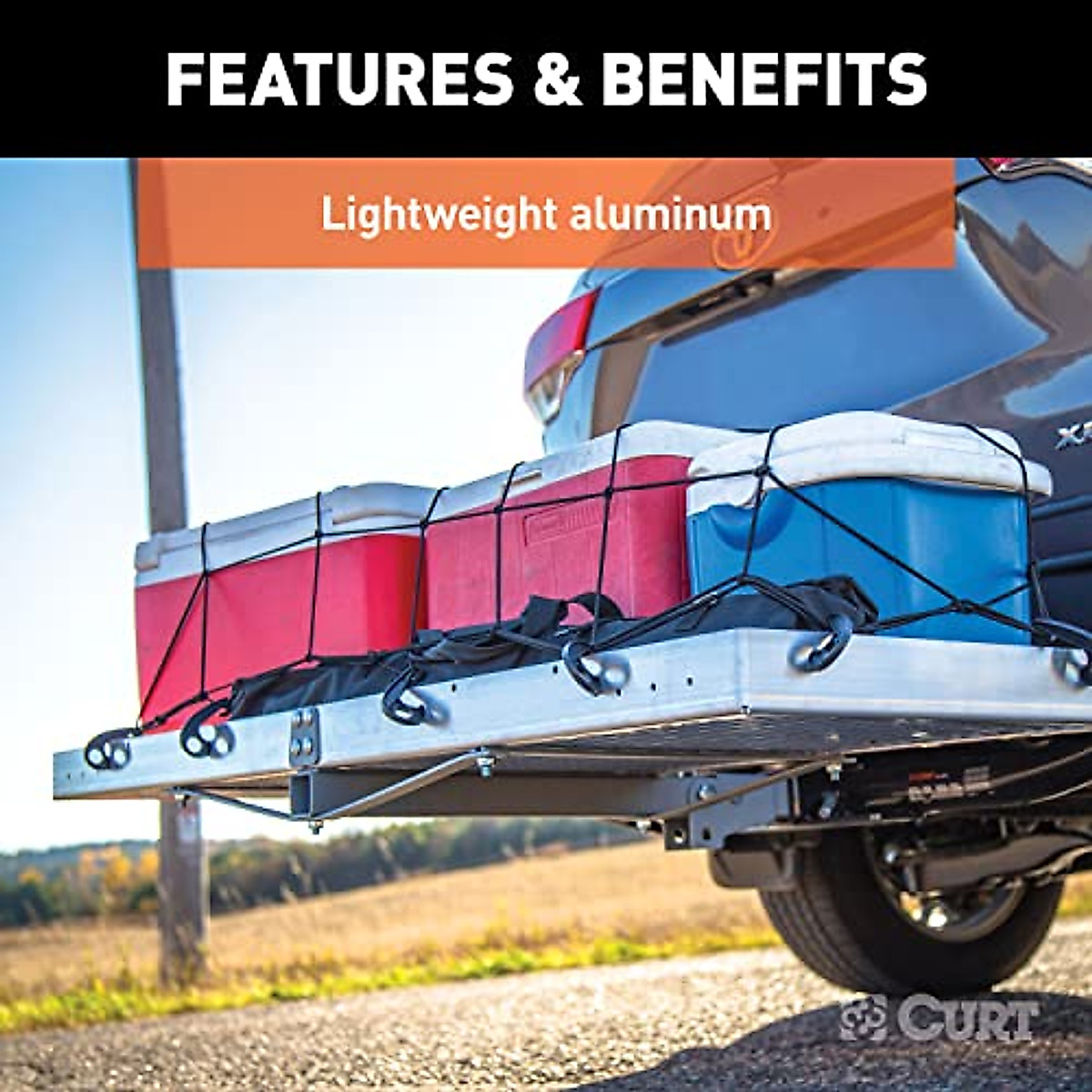 CURT 18100 60 x 20-Inch Aluminum Tray Hitch Cargo Carrier, 500 lbs Capacity, 2-in Folding Shank