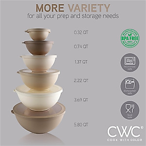 COOK WITH COLOR Mixing Bowls with TPR Lids - 12 Piece Plastic Nesting Bowls Set includes 6 Prep Bowls and 6 Lids, Microwave Safe (Brown)