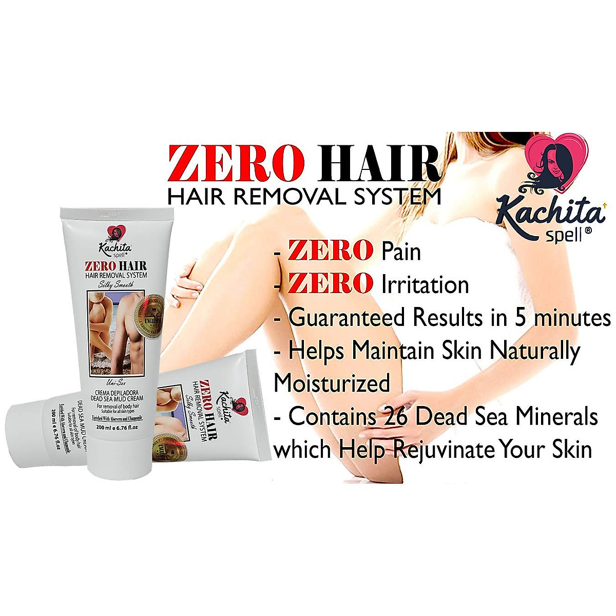 ZeroHair Painless for Women and Men Suitable for Body Skin and Private Parts Leg, Pubic, Bikini Hair Removal Premium Depilatory Cream Kachita Spell Easy Application Fast-Acting 200ml