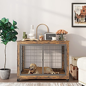 IchbinGo Dog Crate Furniture, Wooden Dog Crate Table, 43.7" Dog Kennel with 3 Doors, Flip-up Top Opening and Wheels, Decorative Pet Crate House for Large/Medium/Small Dog Indoor Use (Rustic Brown)