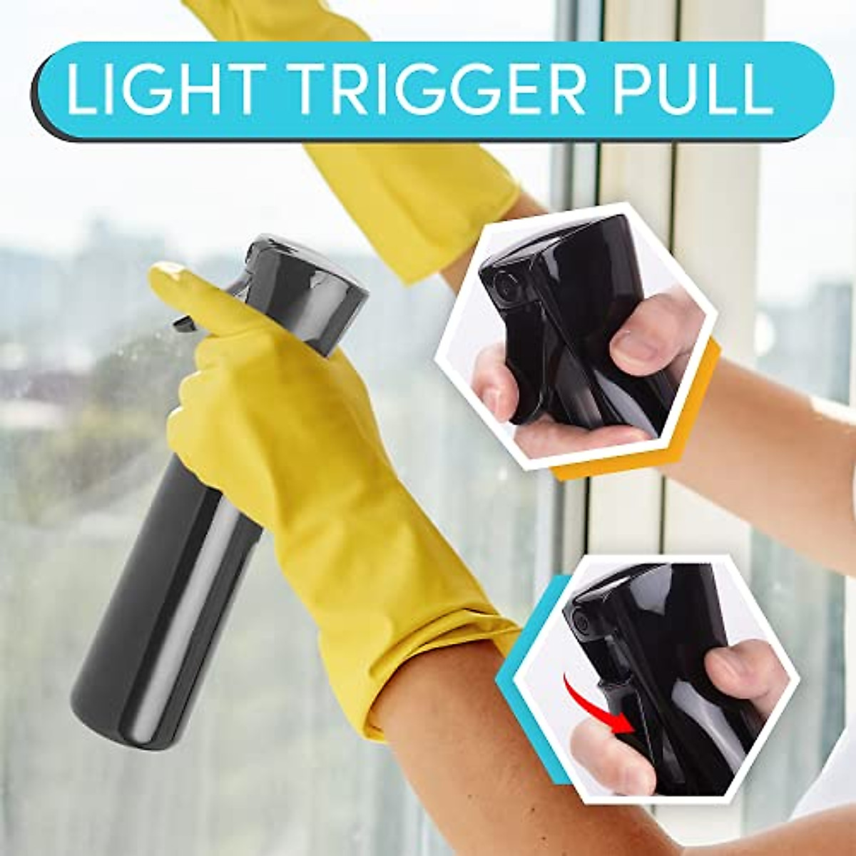 Hula Home Continuous Spray Bottle (10.1oz/300ml) Empty Ultra Fine Plastic Water Mist Sprayer – For Hairstyling, Cleaning, Salons, Plants, Essential Oil Scents & More - Black