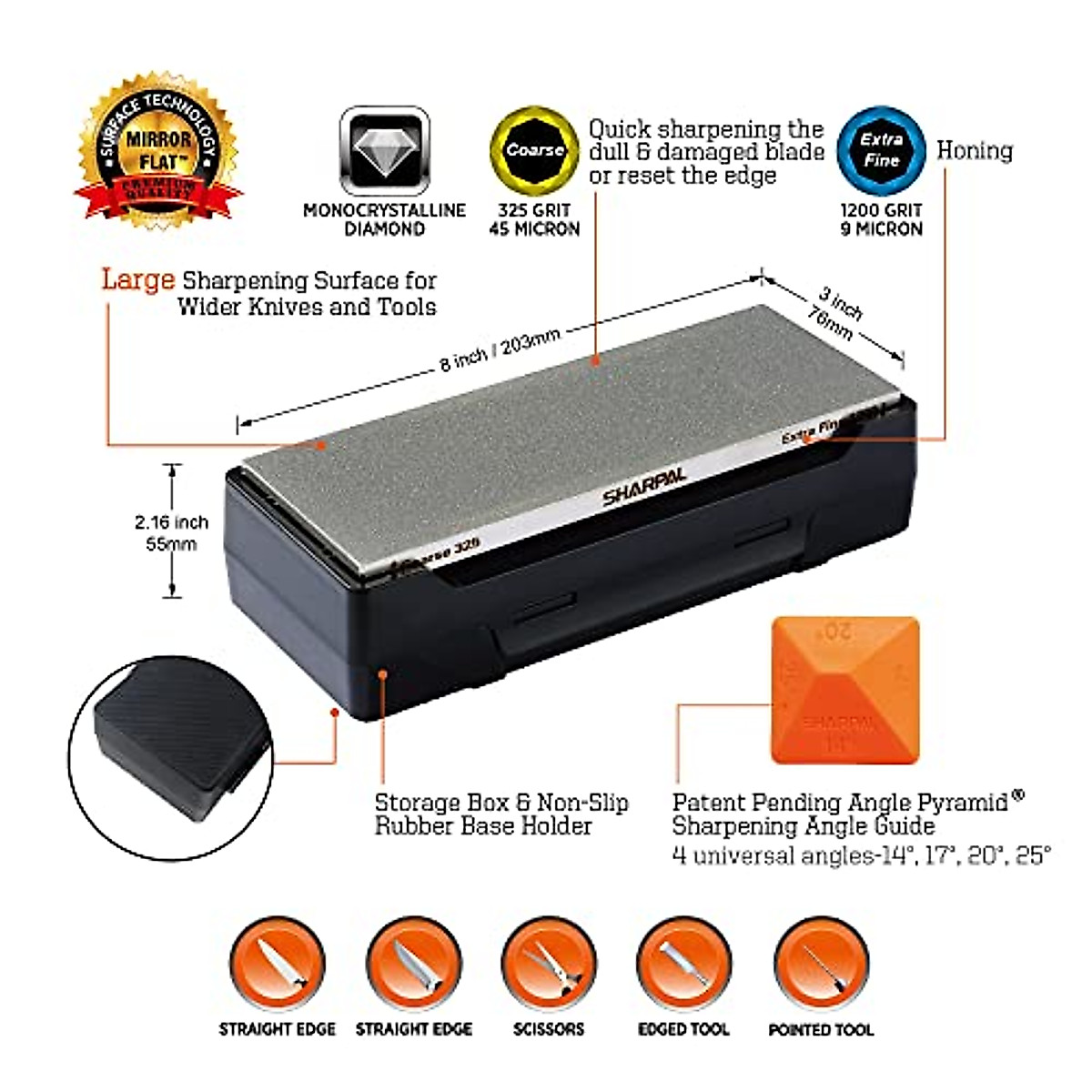 SHARPAL 162N Double-sided Diamond Sharpening Stone Whetstone Knife Sharpener |Coarse 325 / Extra Fine 1200 Grit | Storage Case with NonSlip Base & Angle Guide (8 in. x 3 in.)