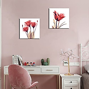 Red Tulip Wall Art Prints - Plant Paintings Decor for Kitchen Natural Style Flowers Canvas Pictures Artwork for Living Room Bathroom Teens Bedroom Home Decoration Framed 12 x 12 Inches Ready to Hang