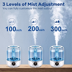 HiLIFE Humidifiers for Bedroom, 3 Times Fog Coverage, 3.2L Ultrasonic Cool Mist Humidifiers for Home Baby Nursery & Plants, Top Fill Air Humidifier Lasts Up to 35 Hours, Auto Shut-Off