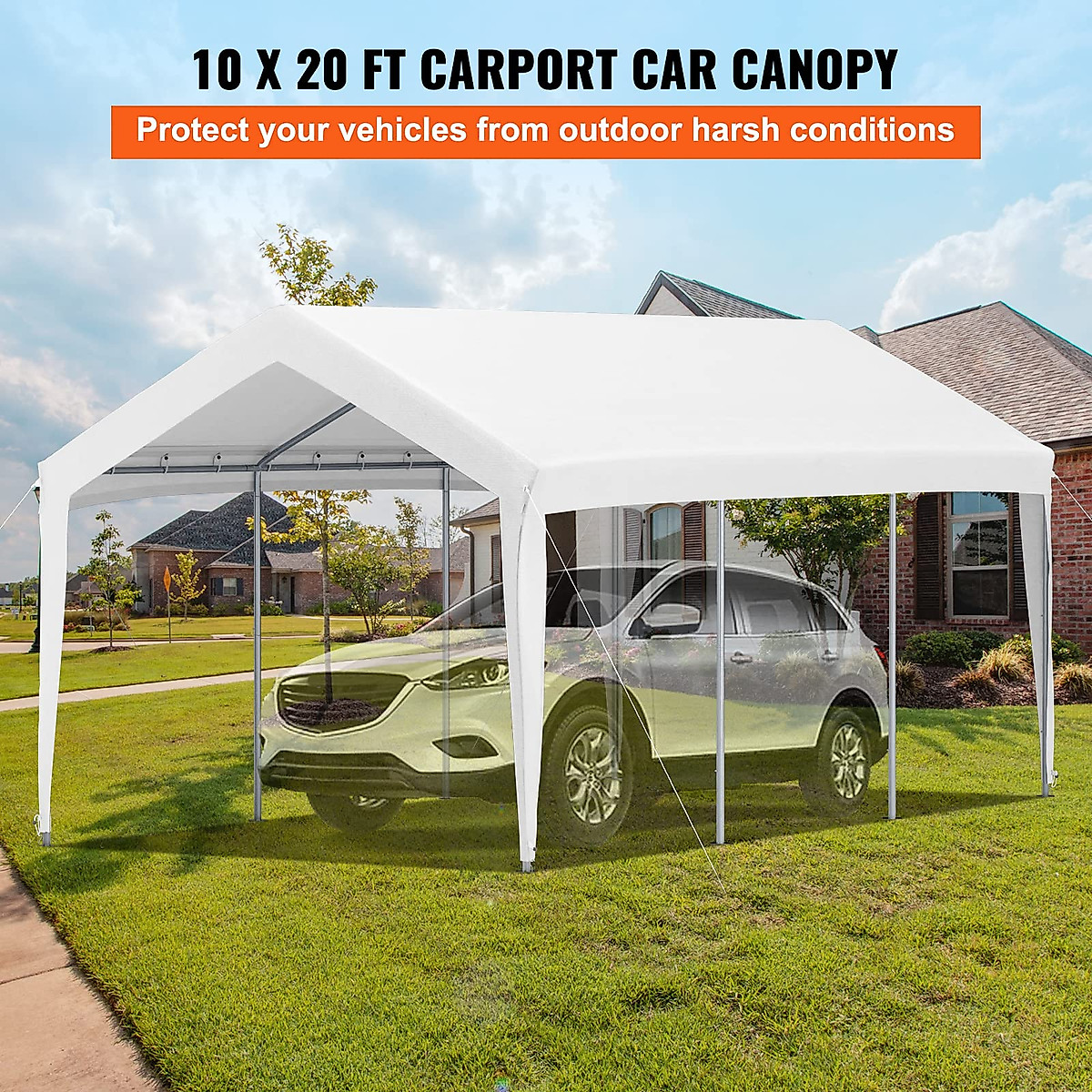 VEVOR 10 x 20 ft Carport Car Canopy, Heavy Duty Garage Shelter with 8 Legs, Car Garage Tent for Outdoor Party, Birthday, Garden, Boats, Adjustable Peak Height from 8.3 ft to 10 ft, White
