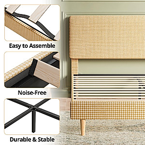 LIKIMIO Queen Bed Frame with Headboard, Fully Cotton Upholstered Foundation, Wooden Slats Support, Noise Free, No Box Spring Needed, Easy Assembly, Rustic Yellow and White Checkered