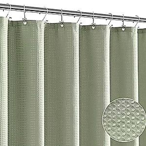 GERGELLA Sage Green Shower Curtain - Waffle Heavy Duty Fabric Shower Curtains for Bathroom, Showers, Hotel Spa Luxury Weighted Polyester Cloth Bath Curtain Set with 12 Hooks，72Wx72H,Green