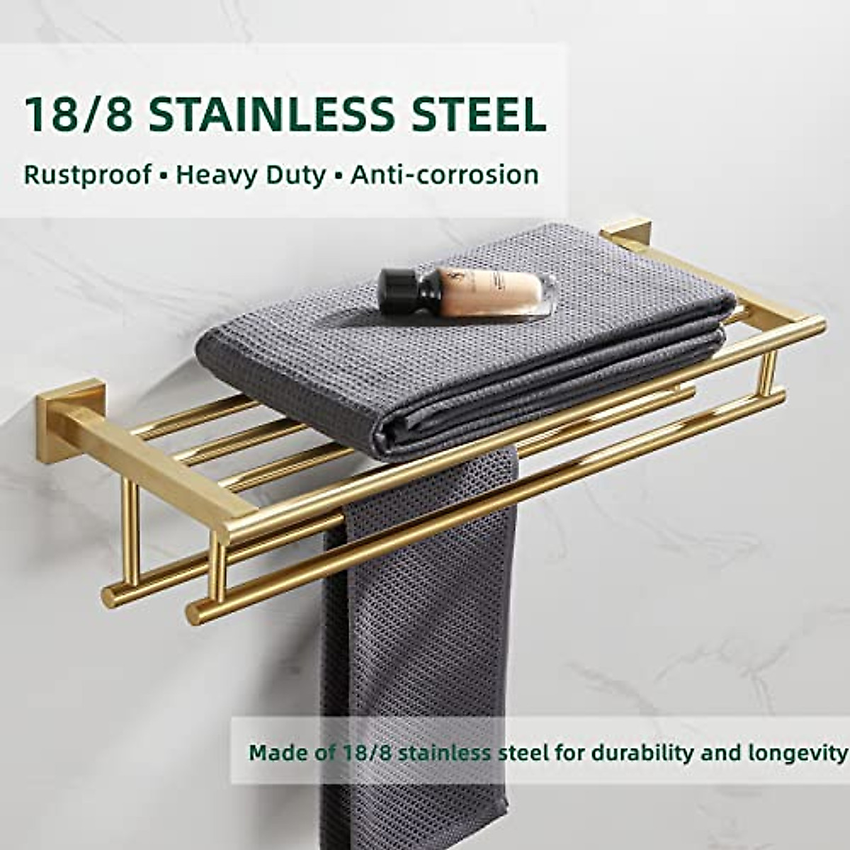 VELIMAX Bathroom Towel Rack, Bathroom Shelf with Towel Bar, Gold Towel Rack Wall Mounted, 18/8 Stainless Steel, Contemporary, Heavy Duty and Rustproof, 23.6-Inch