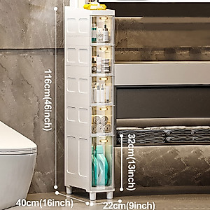 JUNGEDUI Slim Bathroom Cabinet Storage, Large Capacity Slim Storage Cabinet with Clear Plastic Drawers Casters Narrow Tall Slim Floor Cabinet for Small Spaces,7''W and 9''W