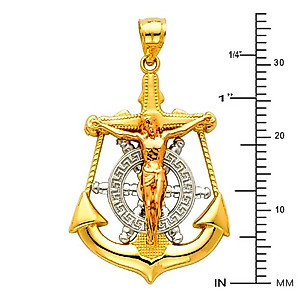 The World Jewelry Center 14k REAL Tri Color Gold Religious Jesus Crucifix Cross Anchor Charm Pendant