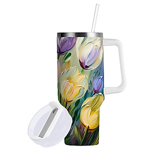 ALAZA Tulip Flower Floral Painting 40 oz Tumbler Stainless Steel Water Bottle Vacuum Insulated Cup with Straw Lid & Handle For Travel Car Cup Holder