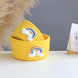 Set of 2 Small Woven Storage Baskets for Organizing,Small Cotton Rope Baskets Decorative Small Round Storage Bins for Desk Kids Socks Toys and Gifts (Yellow)